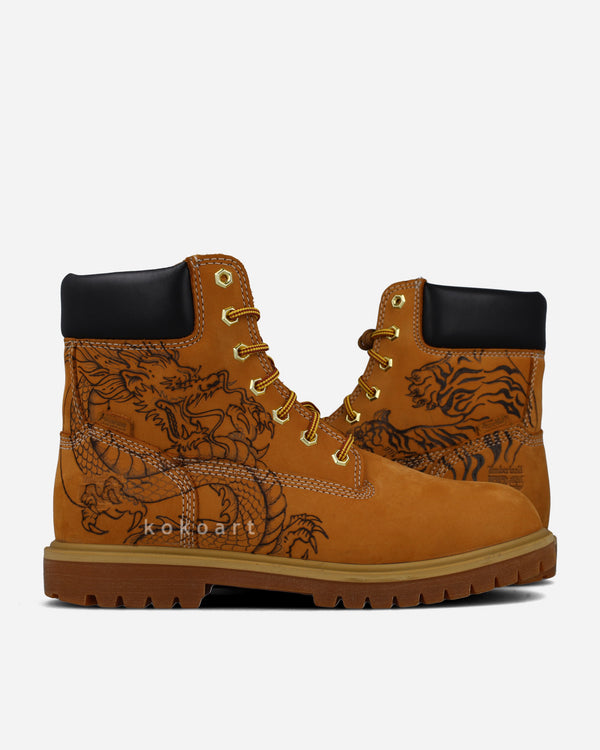 Hand Burnt Dragon Design on Timberland Boots - KOKO ART
